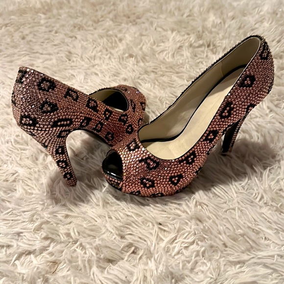 Shoes | Black And Light Pink Bedazzled 5 Inch Peep Toe Heels | Poshmark